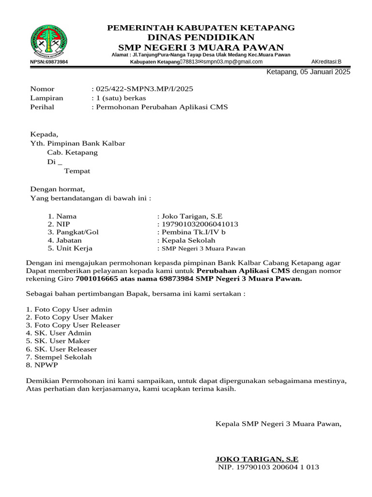 Permohonan Perubahan Aplikasi CMS SMPN 3 | PDF