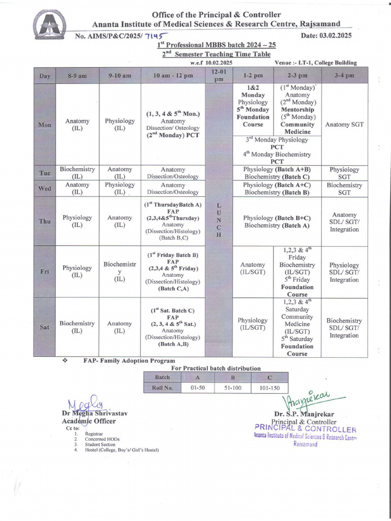 7145 1st Professional MBBS Batch 2024-25 2nd Semester Teaching Time ...