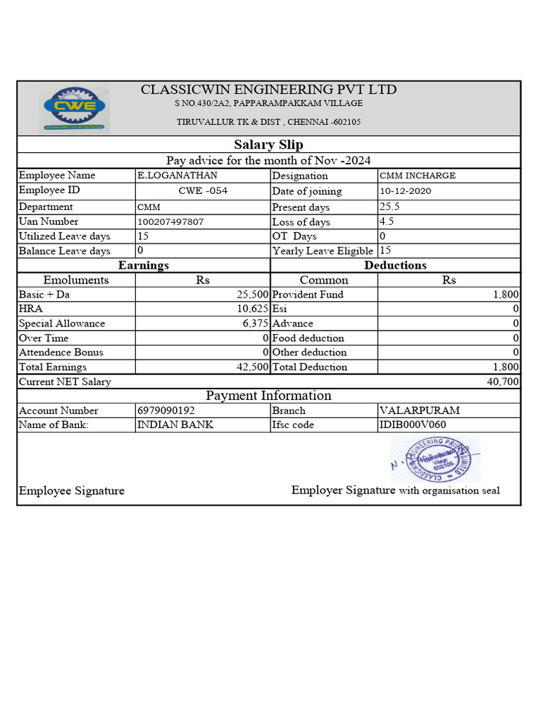 November 2024 Salary Slip for E. Loganathan | PDF