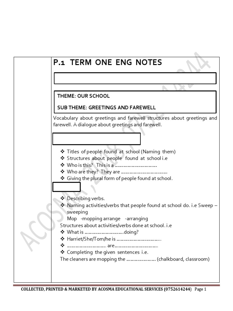 Primary One English Notes: Greetings & Verbs | PDF | Verb | Plural