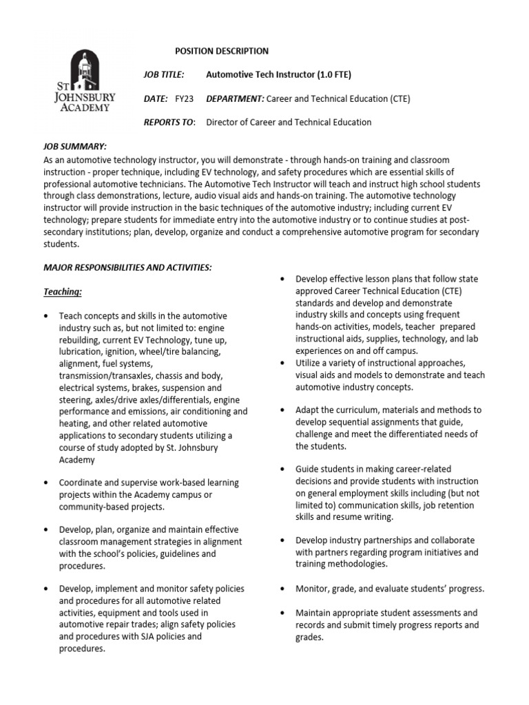 Automotive Tech Instructor Position | PDF | Vocational Education | Teachers