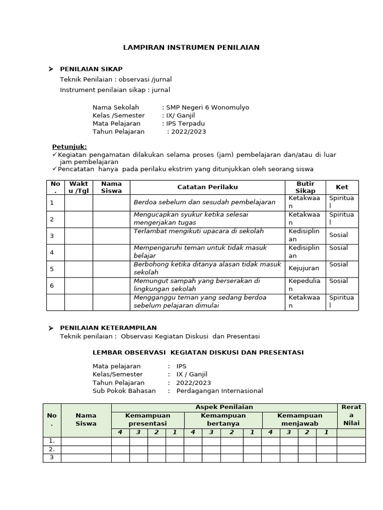 Lampiran Instrumen Penilaian Rpp Kls 9 Genap 2023 | PDF