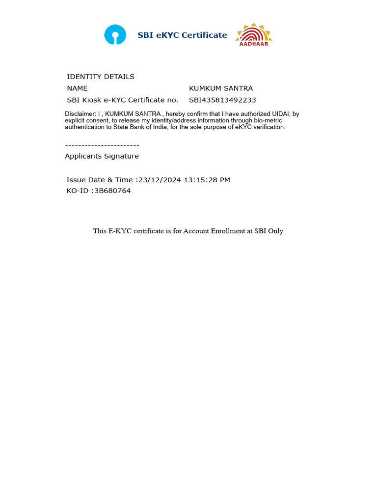 SBI eKYC Certificate for Account Setup | PDF