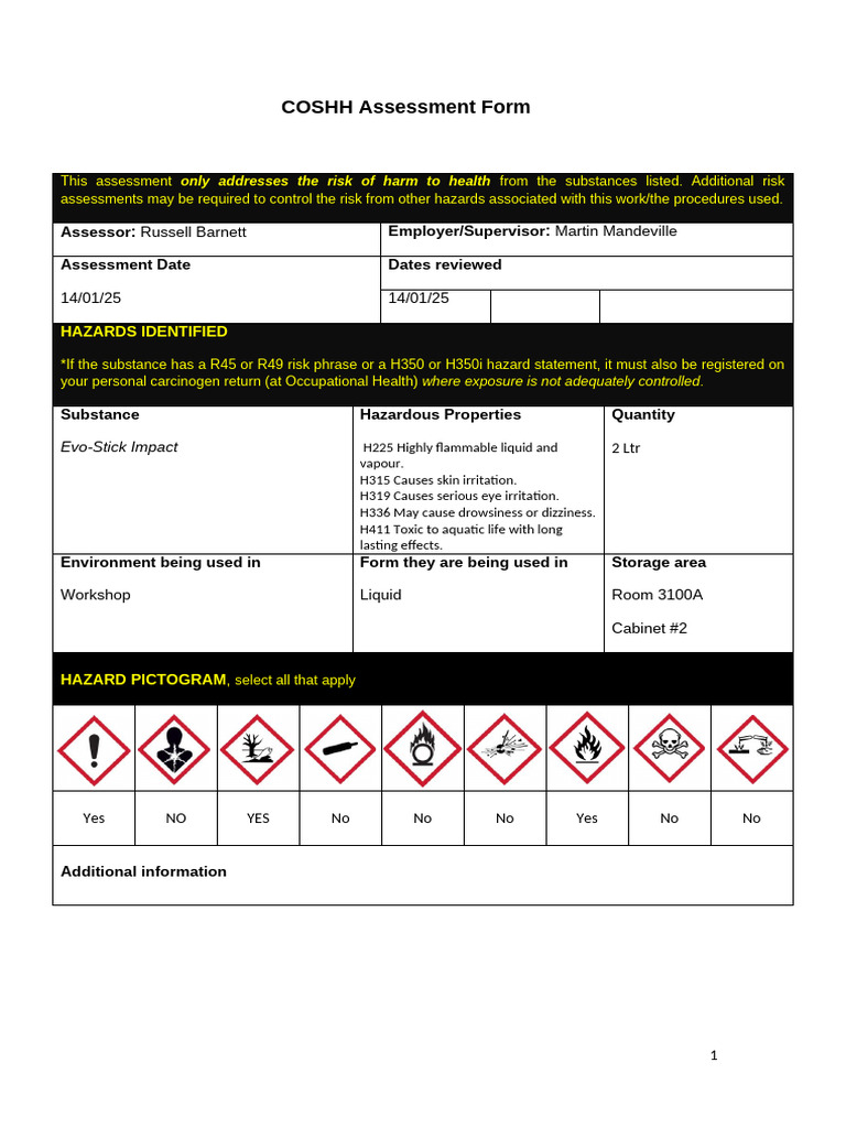 Blank COSHH copy copy | PDF | Personal Protective Equipment | Firefighter