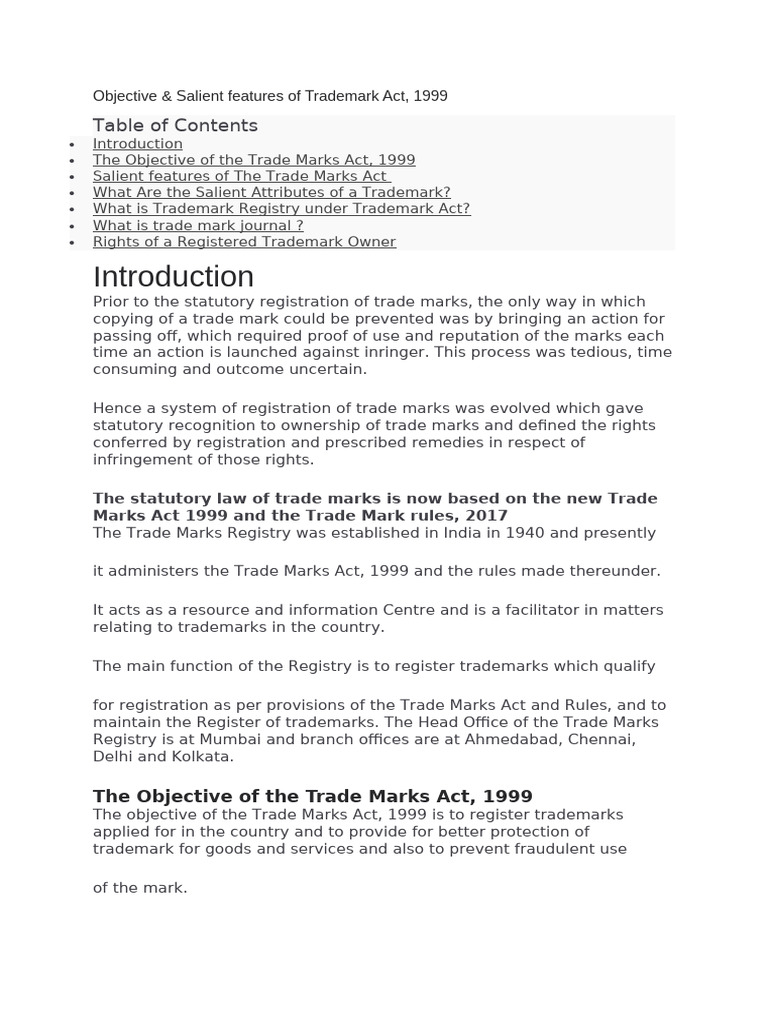 Salient Features of Trademark Act 1999 | PDF | Trademark | Justice