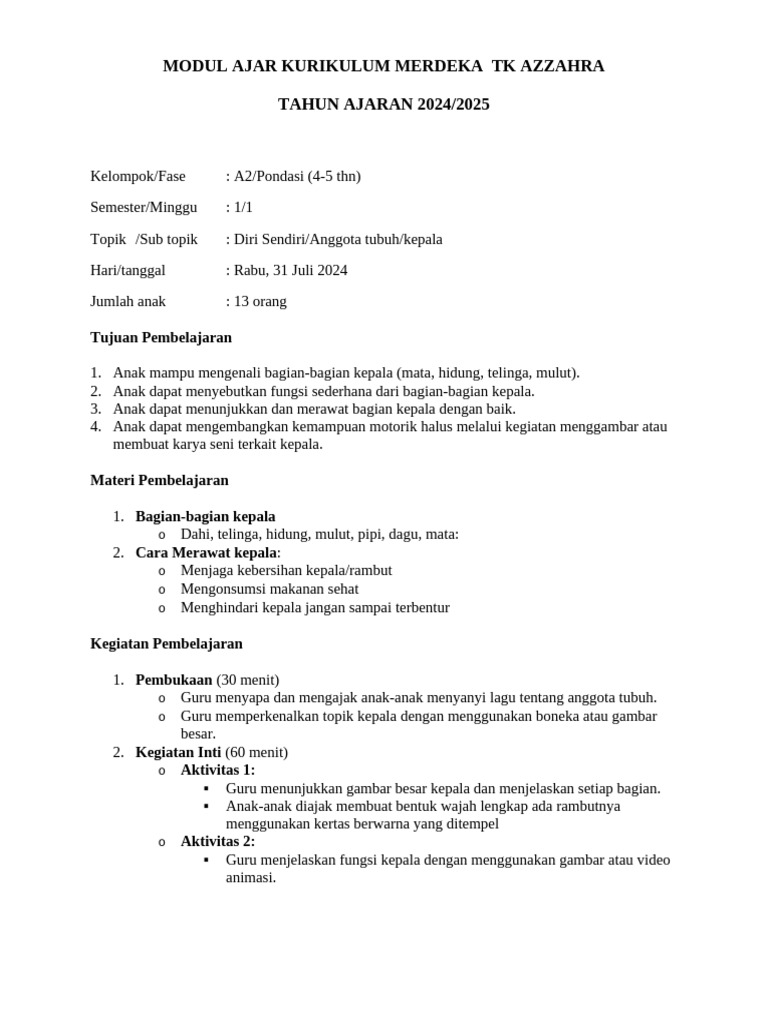 Modul Ajar KURMER TK 2024-2025 | PDF