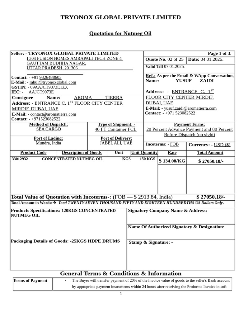 Nutmeg Oil Quotation by Tryonox | PDF | Business