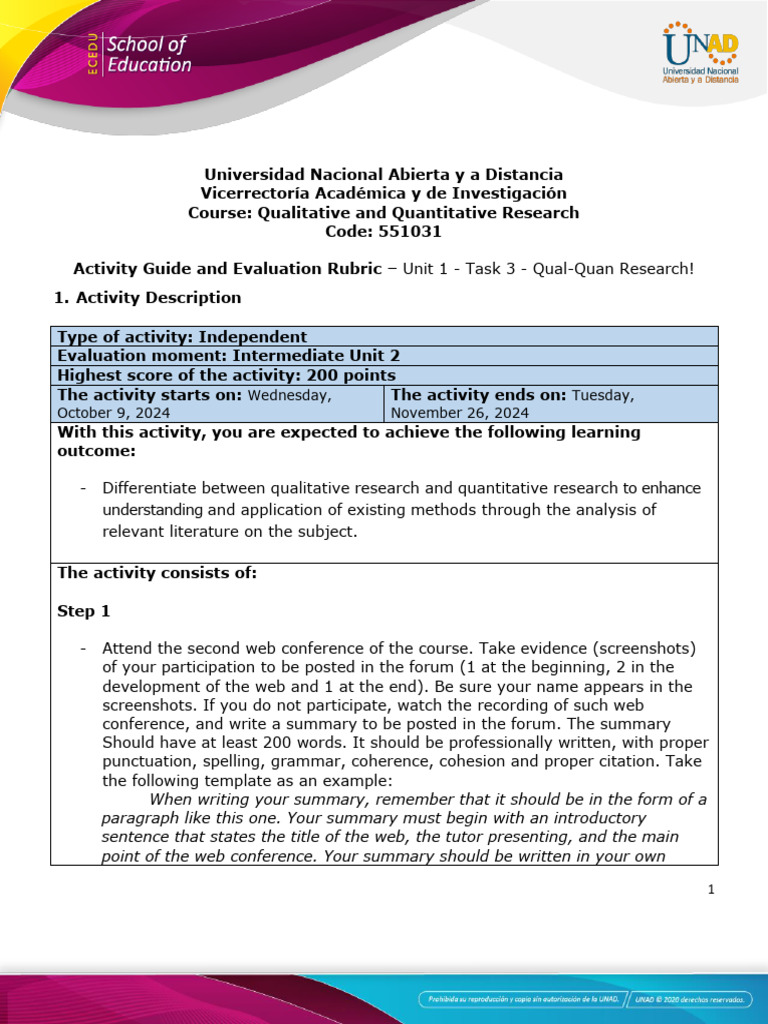 Activity Guide and Evaluation Rubric - Unit 2 - Task 3 - Qual - Quan Research! | PDF ...