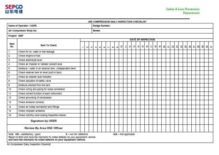 Daily Air Compressor Pre-start inspection checklist EMF | PDF ... Daily Air Compressor Pre-start inspection checklist EMF | PDF ...