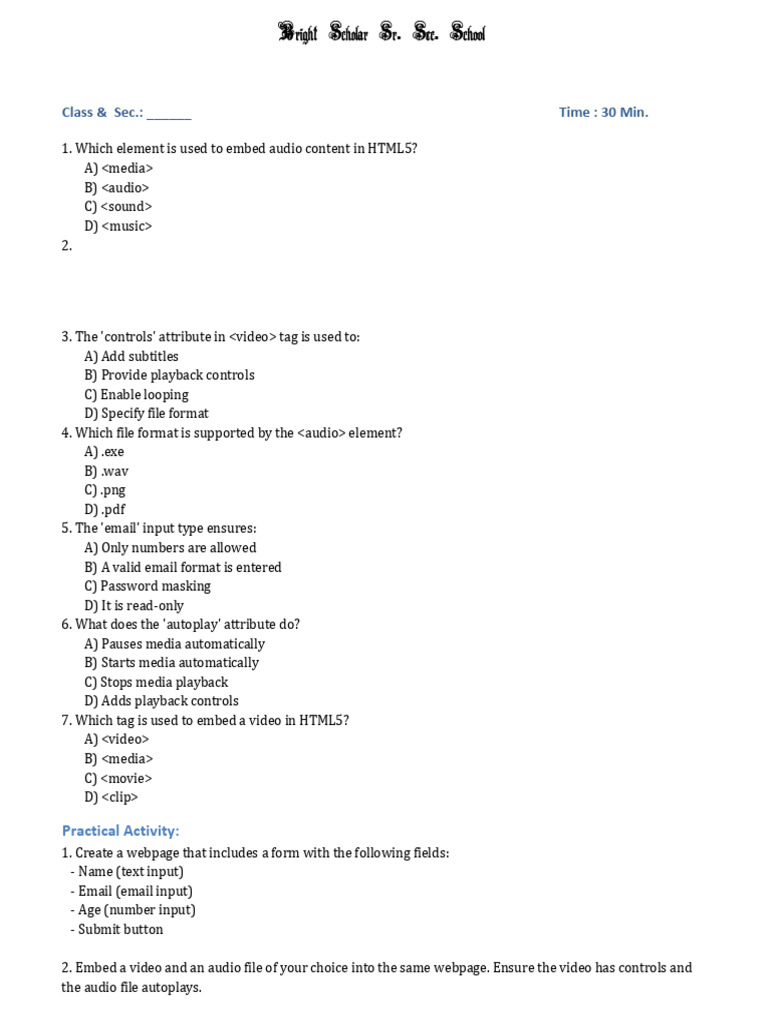 HTML5 Forms and Multimedia MCQ Worksheet Class7 | PDF
