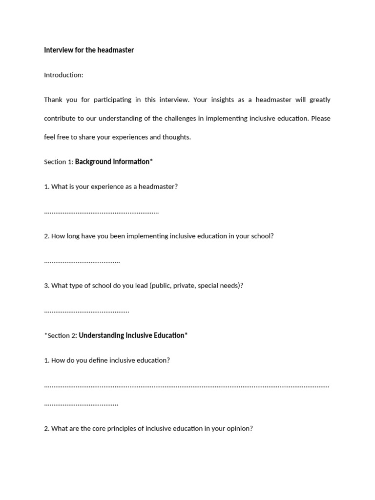 Interview For The Headmaster | PDF | Inclusion (Education) | Learning