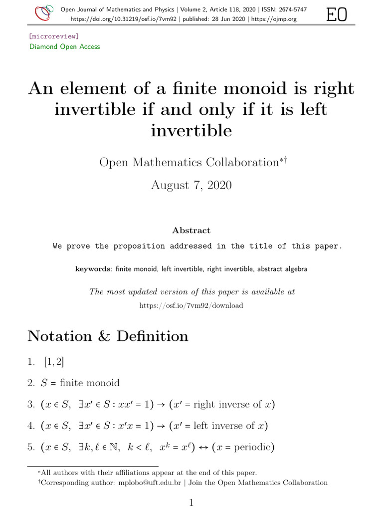 Monoid Right Invertible Left Invertible Pdf Mathematical Analysis Algebraic Structures