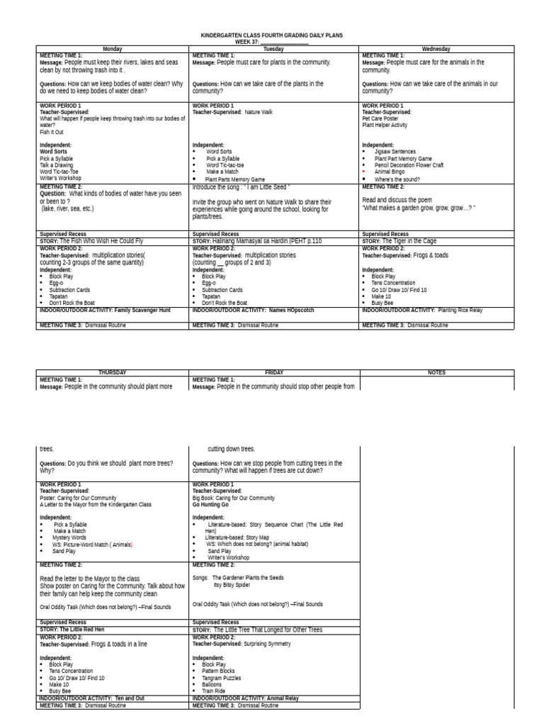 Kindergarten Week 37 Daily Plans | PDF | Word | Object (Grammar)