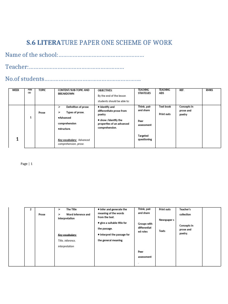 Literature Scheme of Work: Prose & Poetry | PDF | Reading Comprehension ...