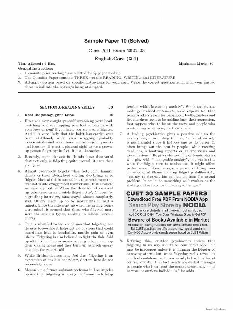 CBSE English Sample Paper - 10 | PDF