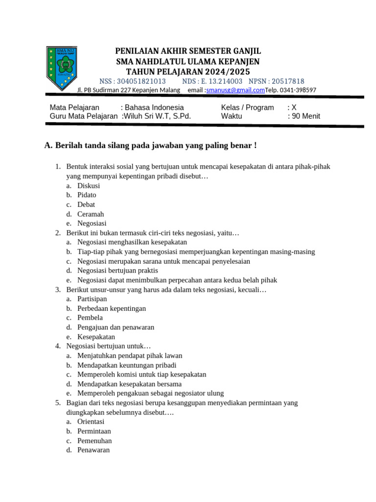 Soal Pat Bi 10 24 - 25 | PDF