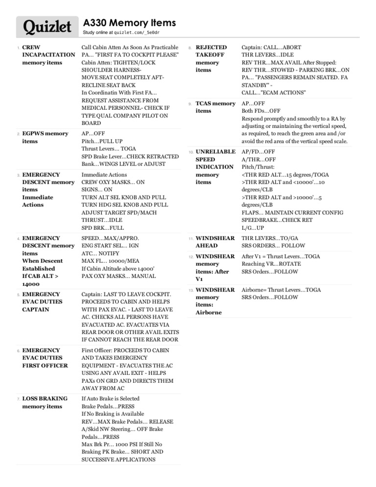 A330 Memory Items | PDF