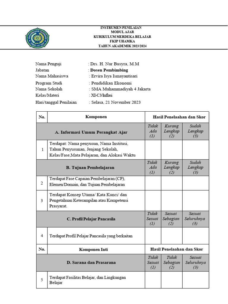 PENILAIAN RPP & PP (Kurikulum Merdeka) Ervira | PDF