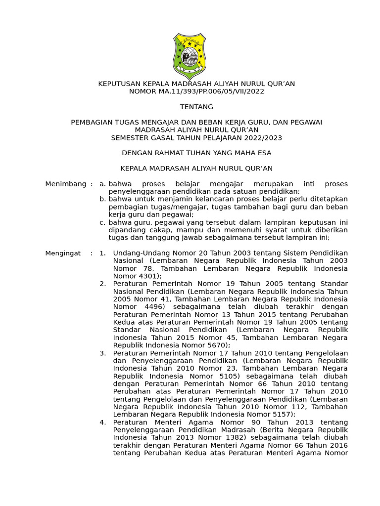 SK PEMBAGIAN TUGAS MENGAJAR_KONSIDERAN | PDF