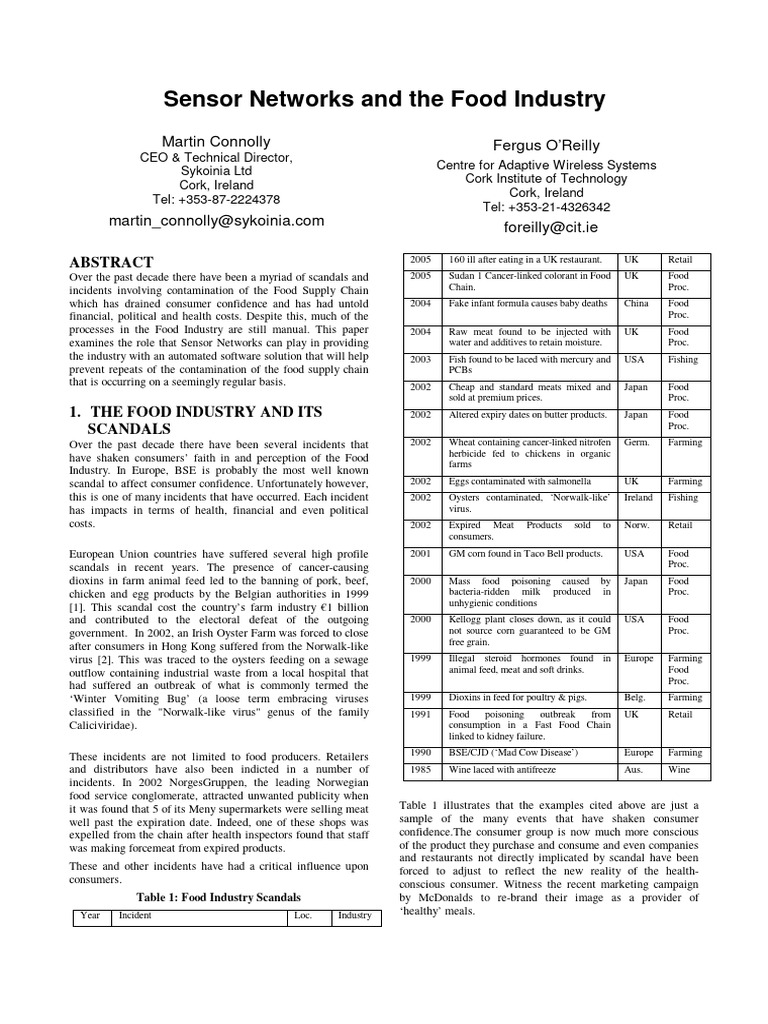 Sensor Networks in Food Safety Solutions | PDF | Wireless Sensor ...