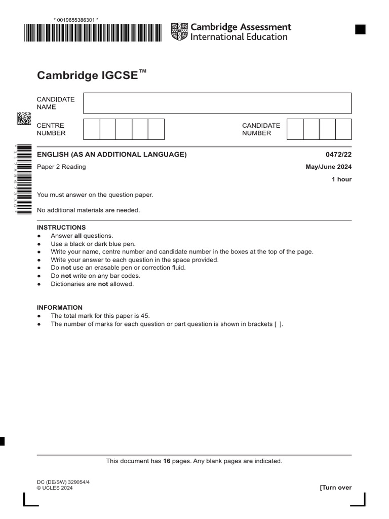 Cambridge IGCSE: English (As An Additional Language) 0472/22 | PDF