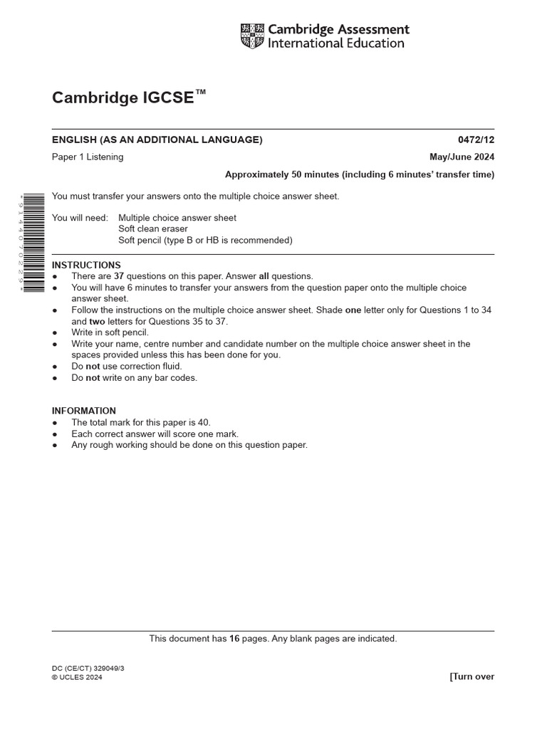 Cambridge IGCSE: English (As An Additional Language) 0472/12 | PDF ...