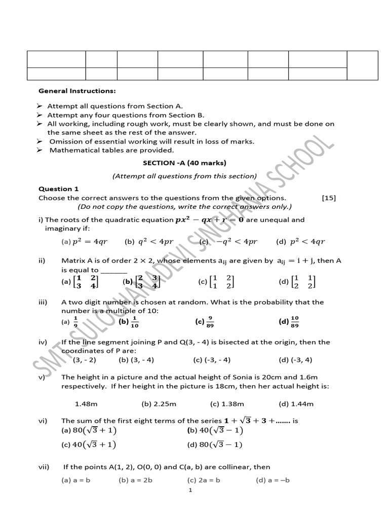 10th Grade Maths Exam Paper | PDF | Mathematics