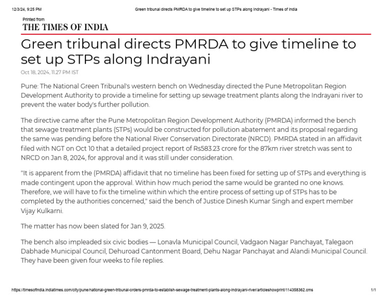 Green tribunal directs PMRDA to give timeline to set up STPs along Indrayani - Times of India | PDF