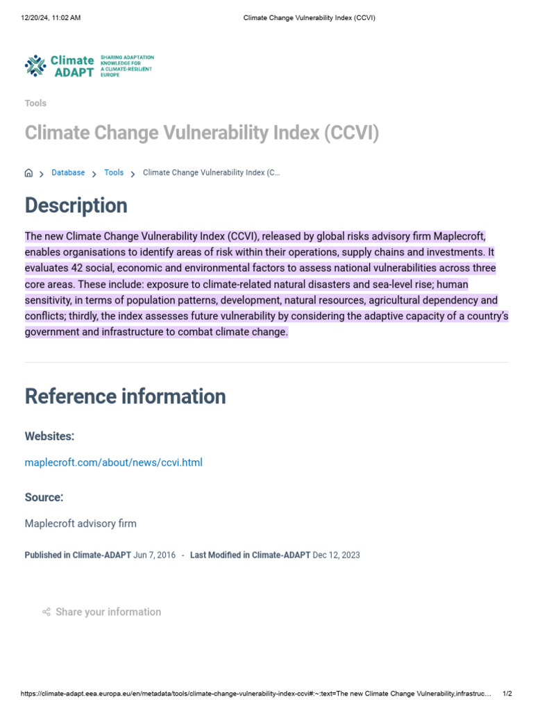 Climate Change Vulnerability Index Overview | PDF