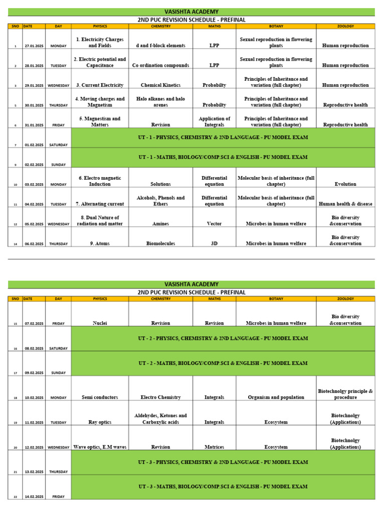 2ND Puc Revision Schedule - Prefinal - Core Subjects | PDF | Chemistry | Biology