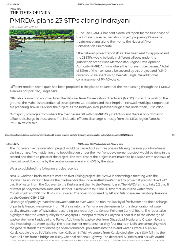 PMRDA plans 23 STPs along Indrayani - Times of India | PDF | Hydrology ...
