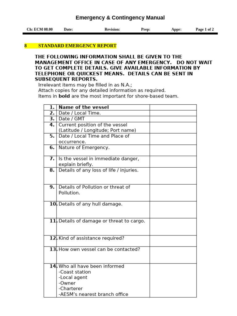 Cap - 08.00 Standard Emergency Report | PDF | Ships | Water Transport