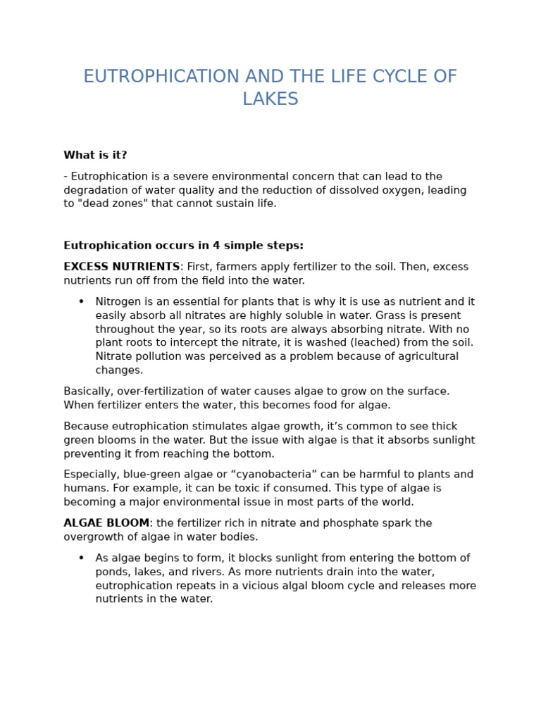 Eutrophication and The Life Cycle of Lakes | PDF | Eutrophication | Fertilizer