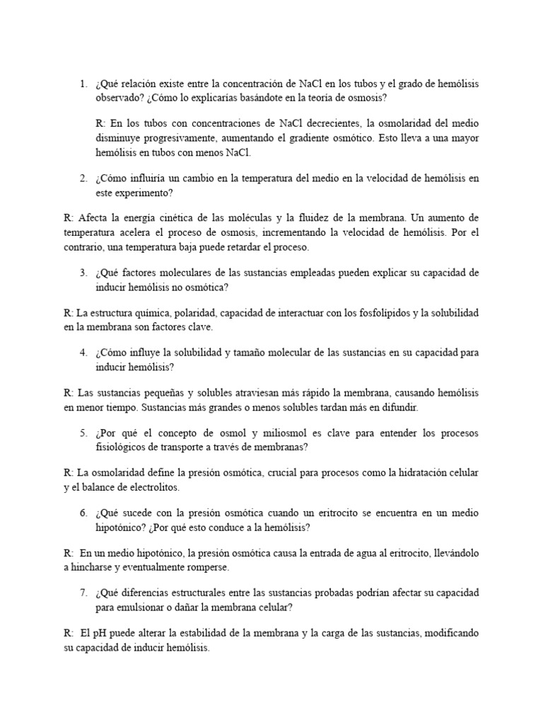 Factores de Hemólisis y Osmosis | PDF | Ósmosis | Membrana celular