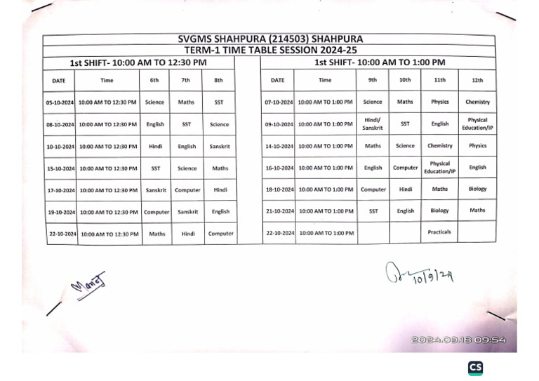 Term-1 - Time Table - 2024-25 | PDF