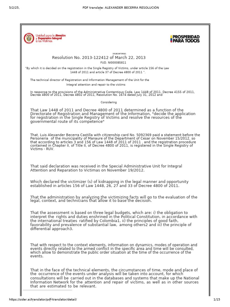 PDF Translate - ALEXANDER BECERRA RESOLUCIÓN VICTIMA | PDF | Treaty ...