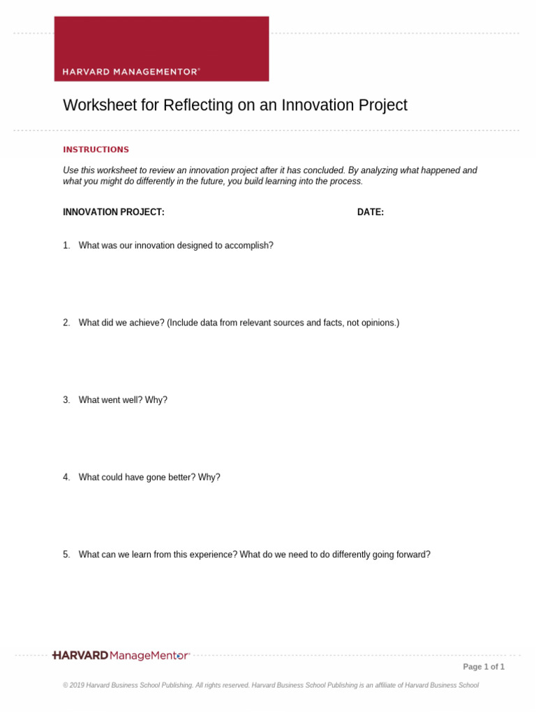 Worksheet For Reflecting On An Innovation Project | PDF