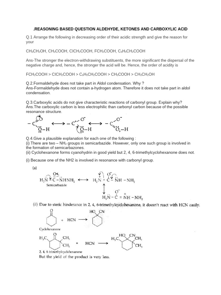 REASONING BASED QUESTION ALDEHYDE Ketone and Carboxylic Acid | PDF | Aldehyde | Carboxylic Acid