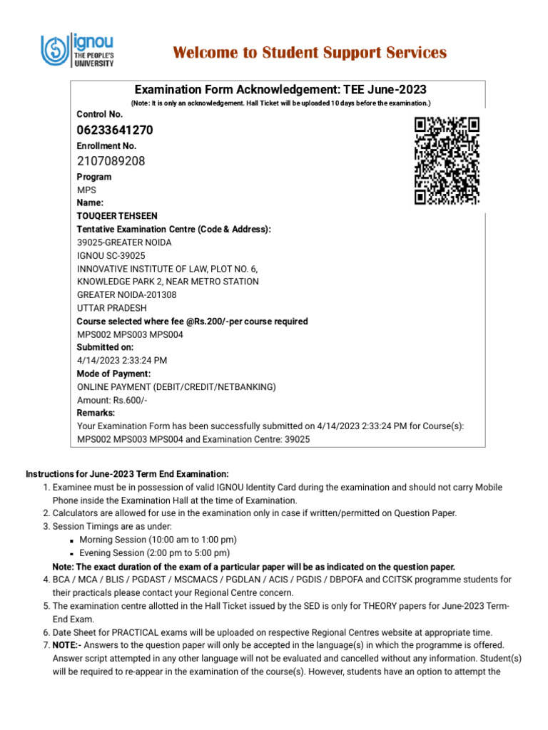 IGNOU - Examination Form Acknowledgement | PDF | Banking Technology ...
