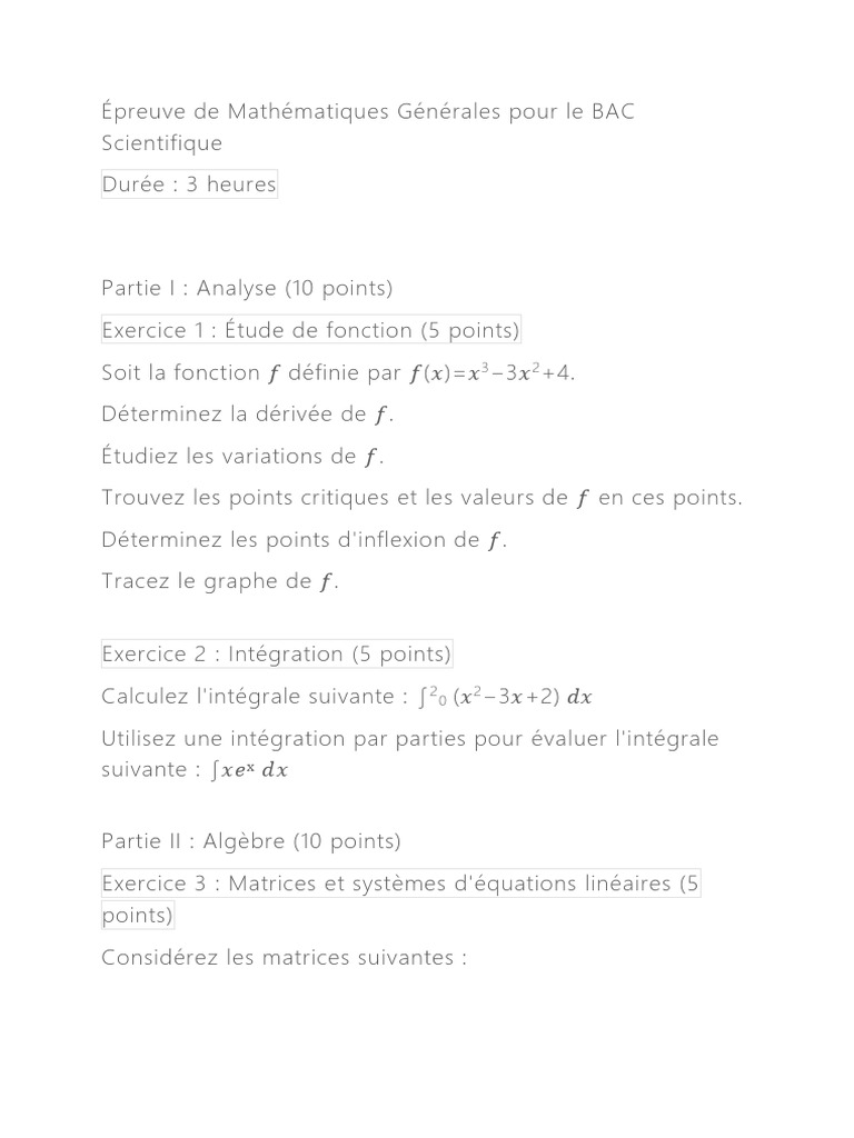 Épreuve de Mathématiques BAC Scientifique | PDF
