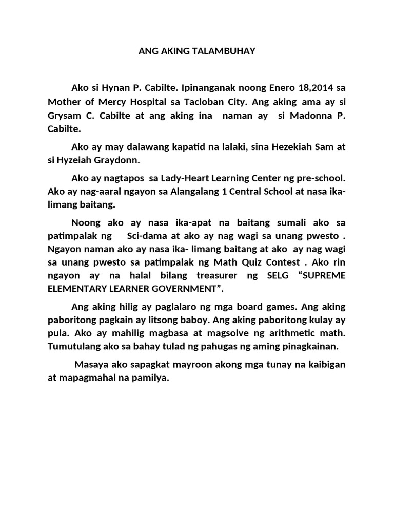 ANG AKING TALAMBUHAY Ni Hynan Assignment Ha Filipino | PDF