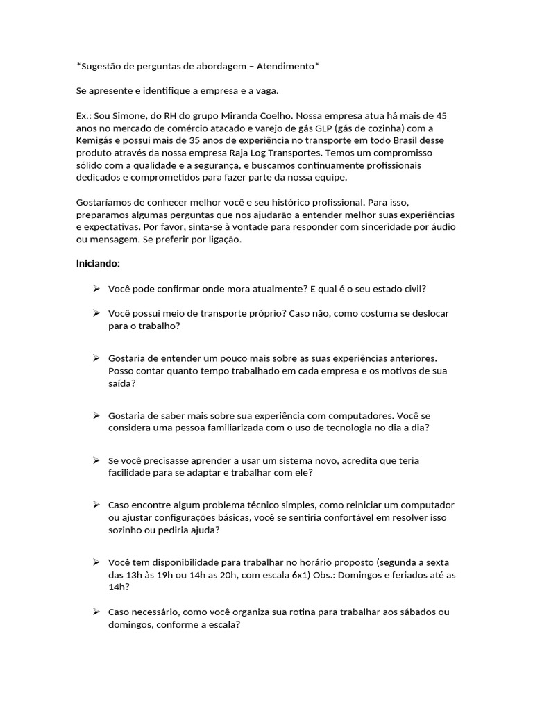 Sugestão de Perguntas para Entrevista de Abordagem - ATENDIMENTO | PDF ...