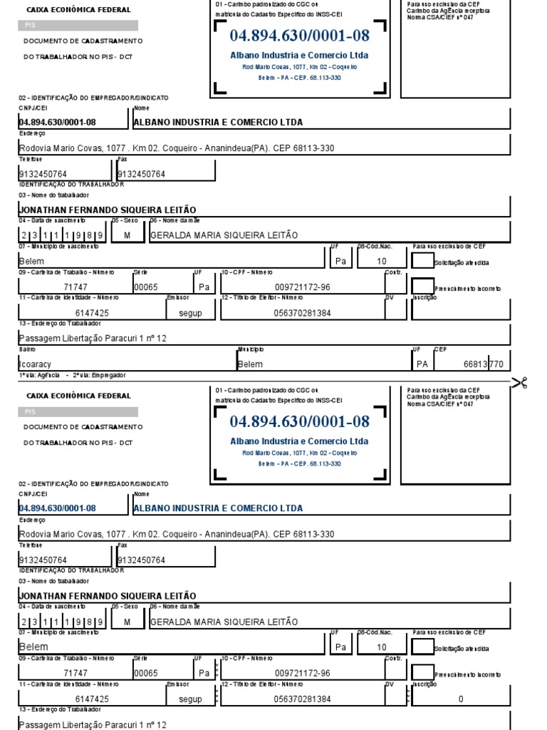 Cadastro de trabalhador no PIS - Documento de Cadastramento do ...