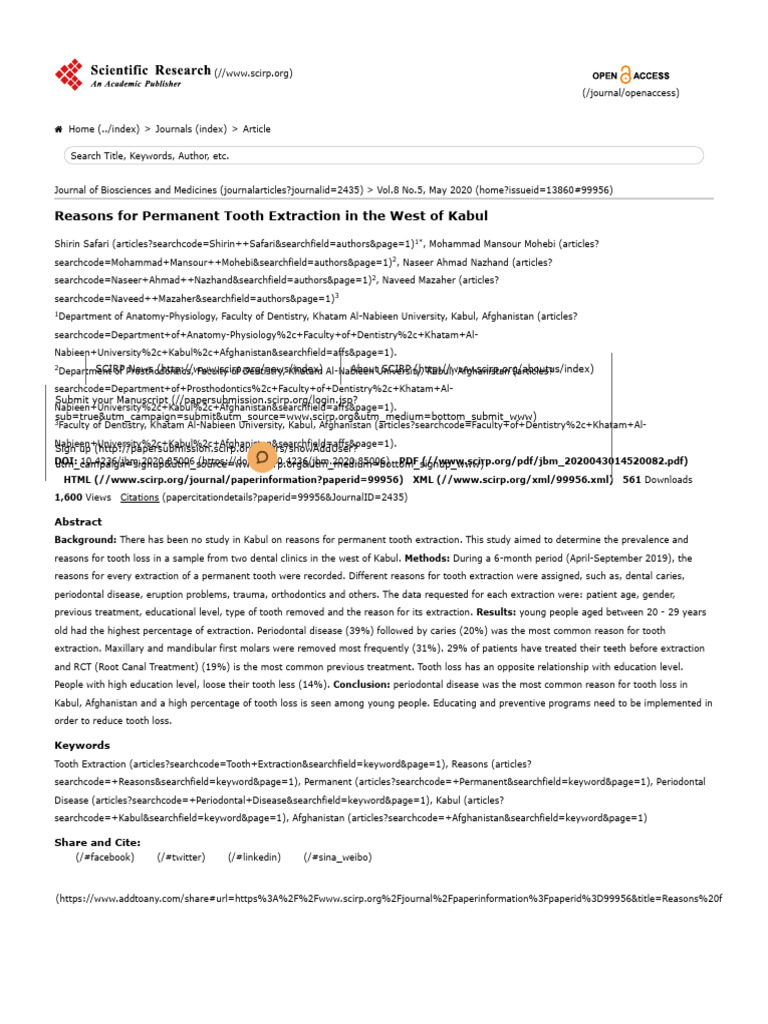 Reasons For Permanent Tooth Extraction in The West of Kabul | PDF ...