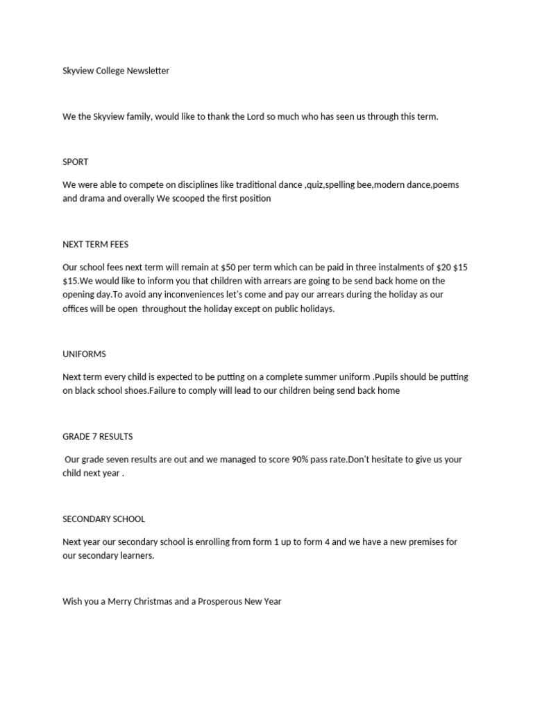 Skyview College Term Newsletter Update | PDF
