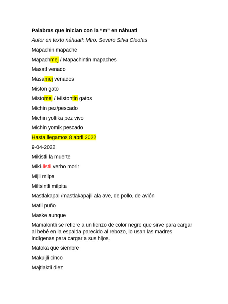 alfabeto náhuatl continuidad con palabras M | PDF