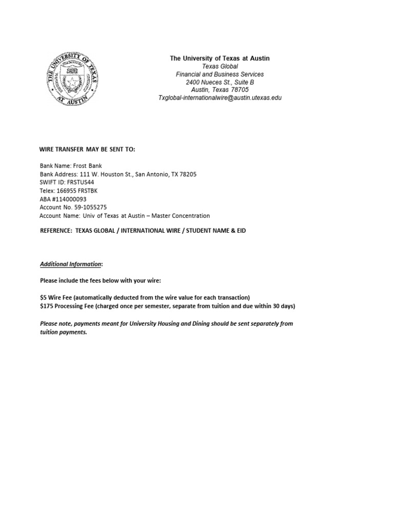 UT Austin Frost Bank Wire Transfer Info | PDF