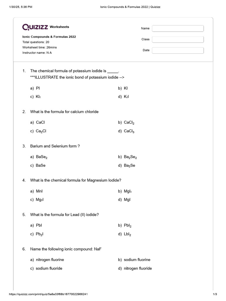 Ionic Compounds & Formulas 2022 - Quizizz | PDF | Ion | Salt (Chemistry)