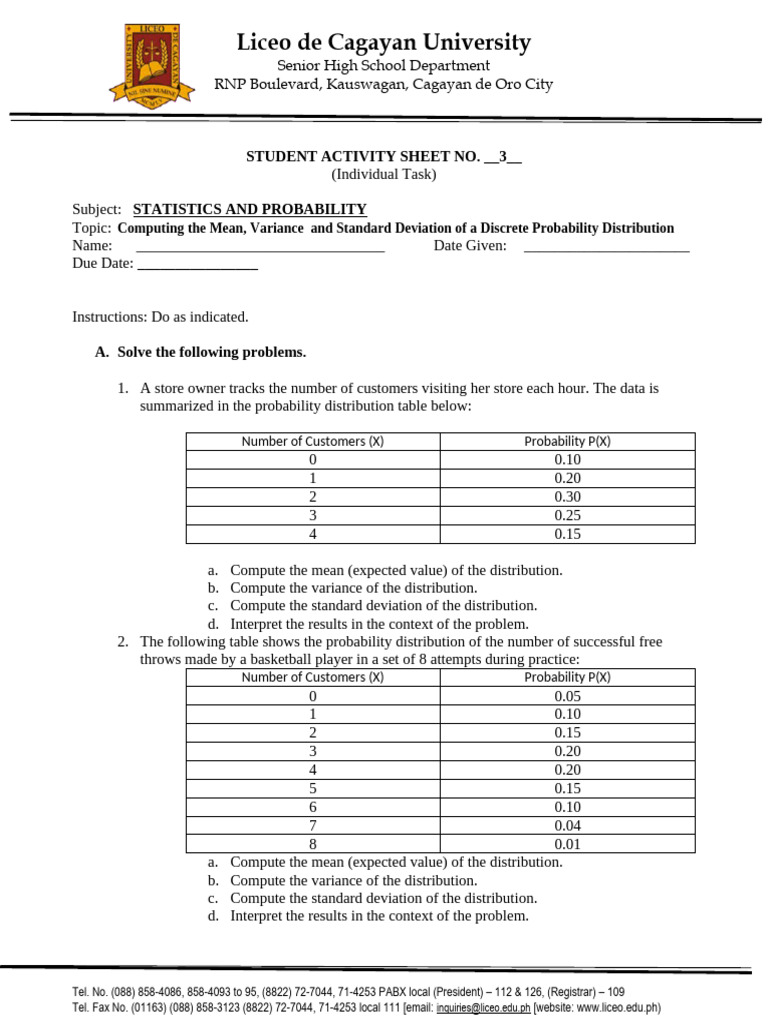 Worksheet 3 Pdf Variance Standard Deviation