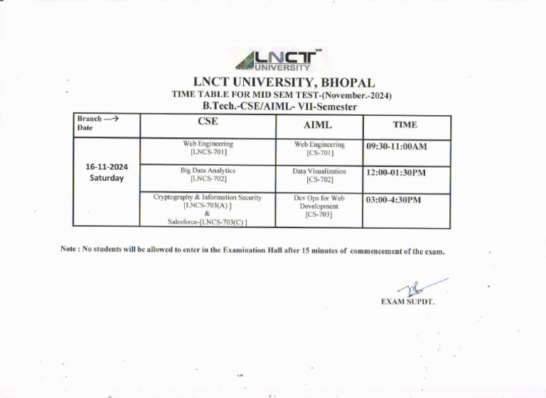 Timetable Lnctu B.tech Cse Aiml Vii-Sem Mid Sem Test (Nov. 2024) | PDF